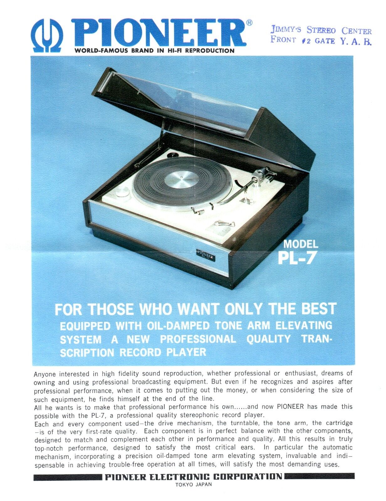 1970s Pioneer PL-7 Record Player Dealer Sales Flyer AD RARE – techrewinds