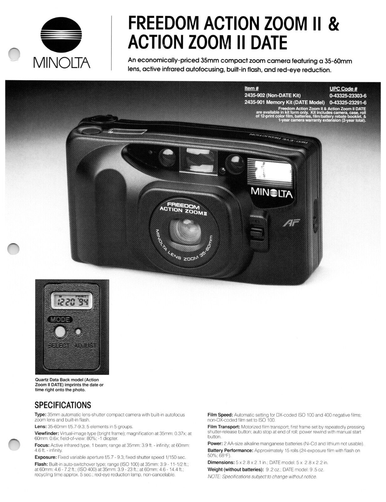 Minolta Action Zoom II 35mm Film Camera Vintage Dealer Sales Brochure ...