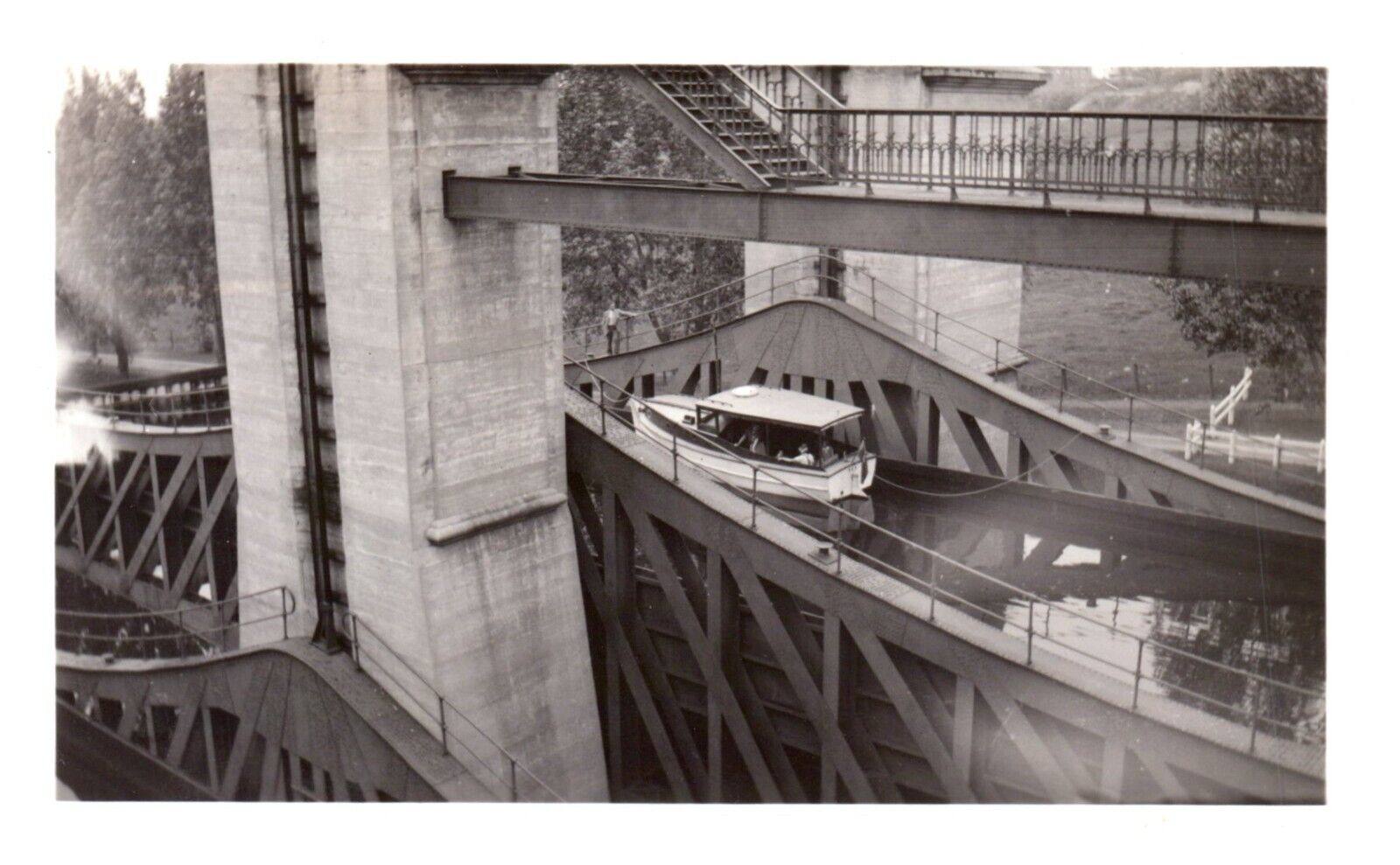 1950s Boat in Unique Canal Lift Lock Industrial Engineering Vintage Ph ...