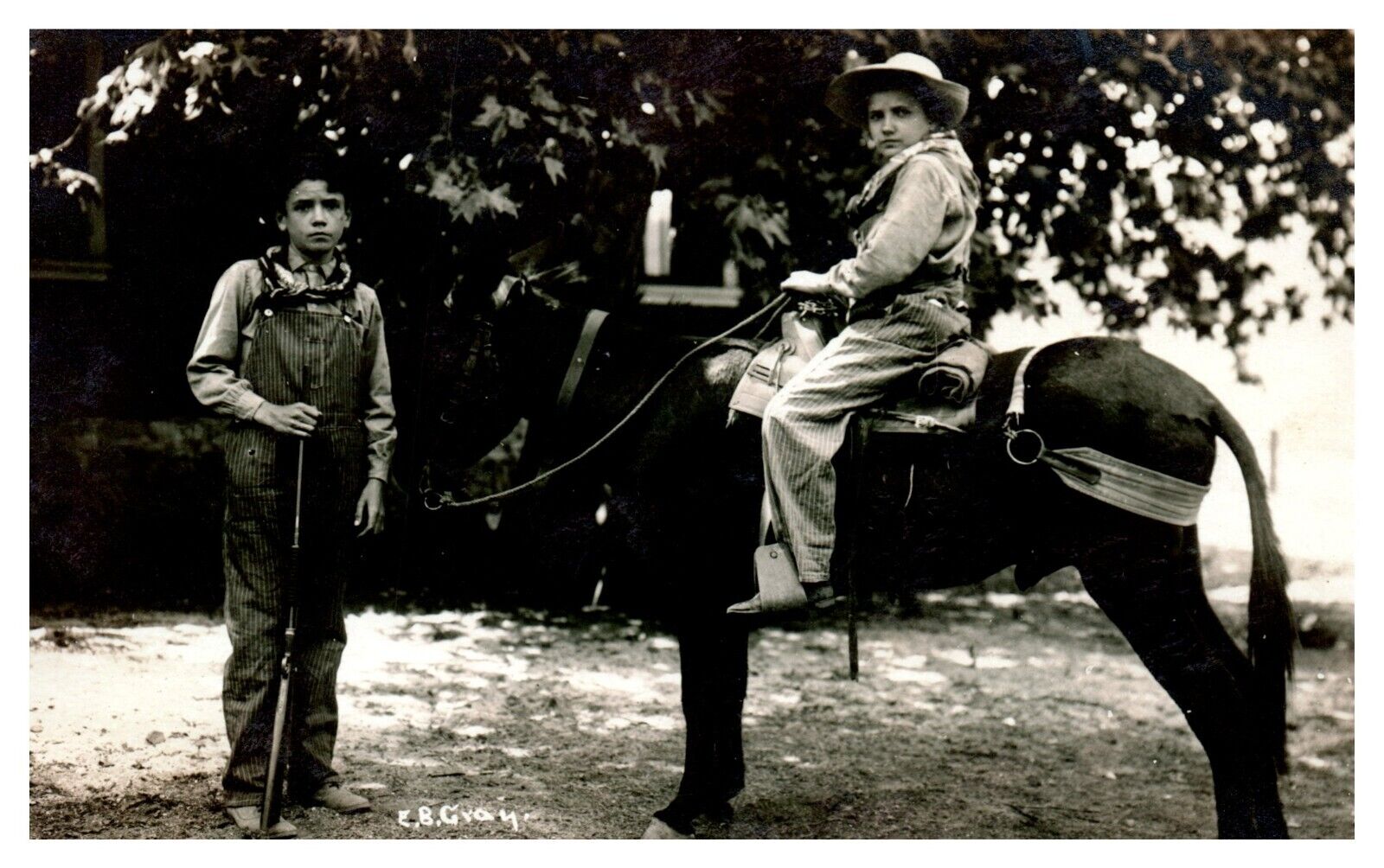 1920s cowboy young boy and girl with horse C B Gray studio vintage pho ...