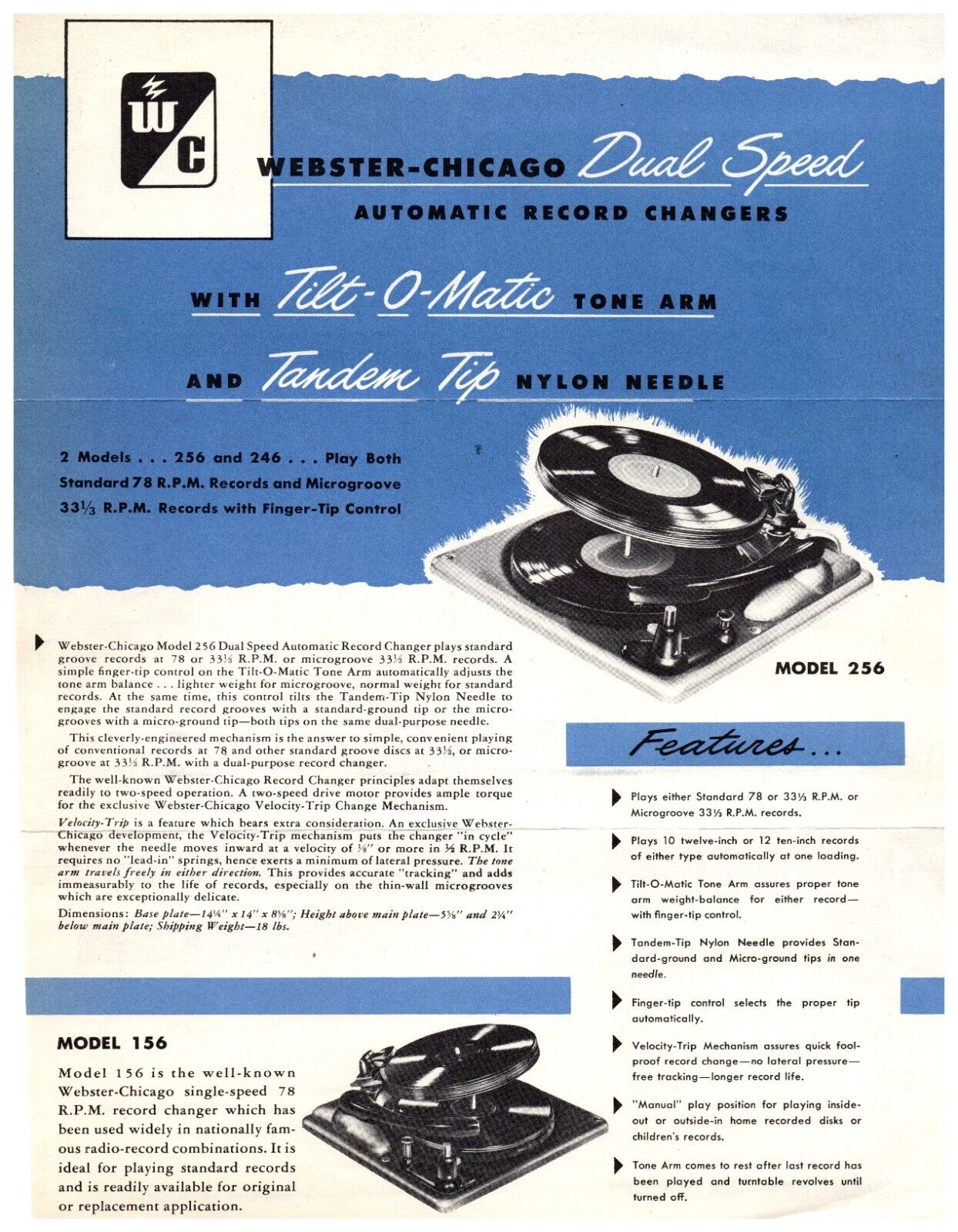 1950s Webster Chicago Dual Speed Record Player Model 256 Vintage AD Br ...