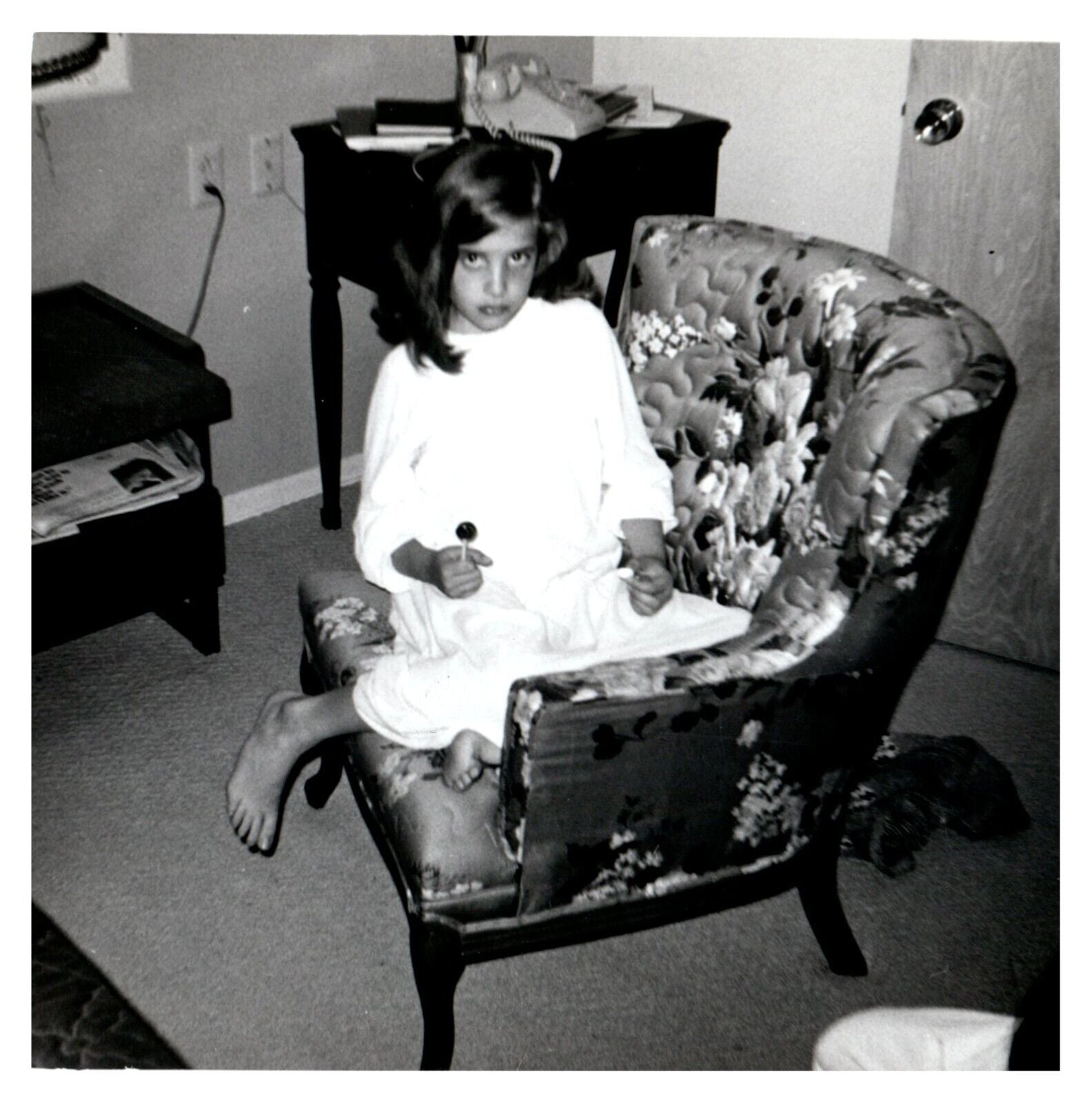 1950s American Girl Lollypop Sad ODD pose Vintage Photo Snapshot Calif ...