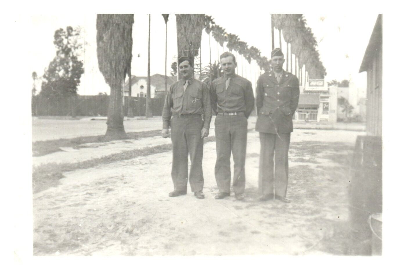 1940s Three US Army Soldiers Posing Palm Tree Lined Street Vintage Pho ...