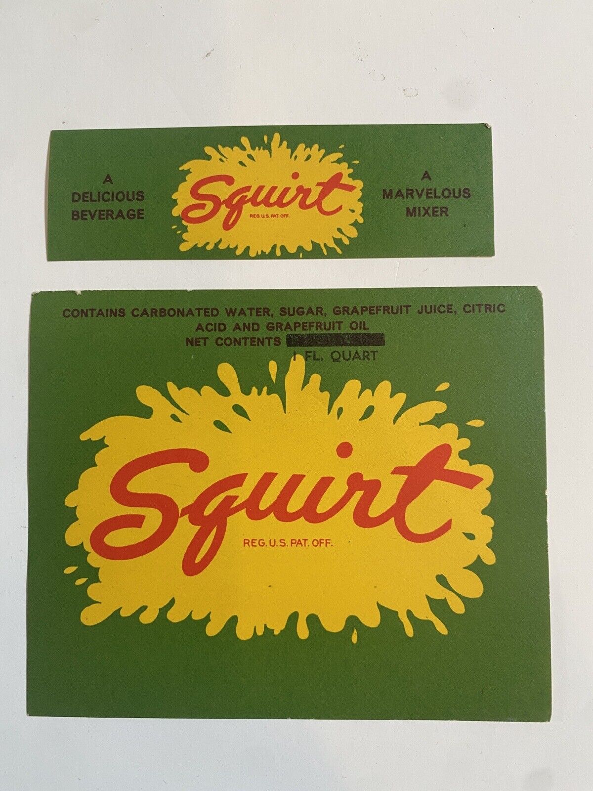 2 LOT SQUIRT Vintage soda pop bottle label splash logo N Mint – techrewinds