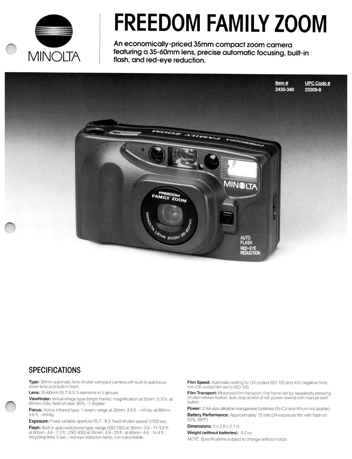 Minolta Freedom Family Zoom 35mm Film Camera Vintage Dealer Brochure C ...