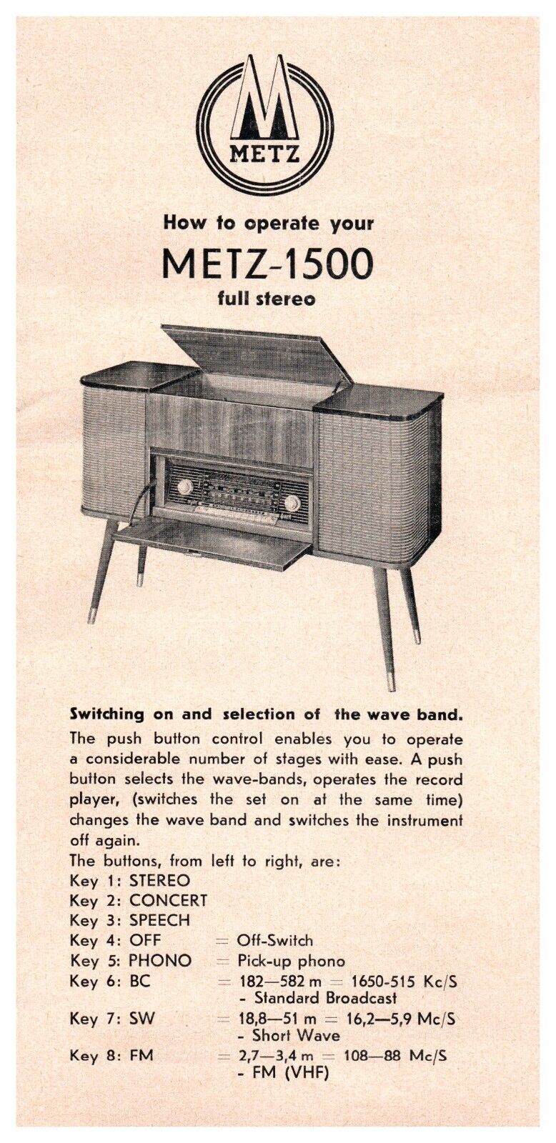 1940s Metz 1500 Full Short wave stereo Vintage Manual – techrewinds