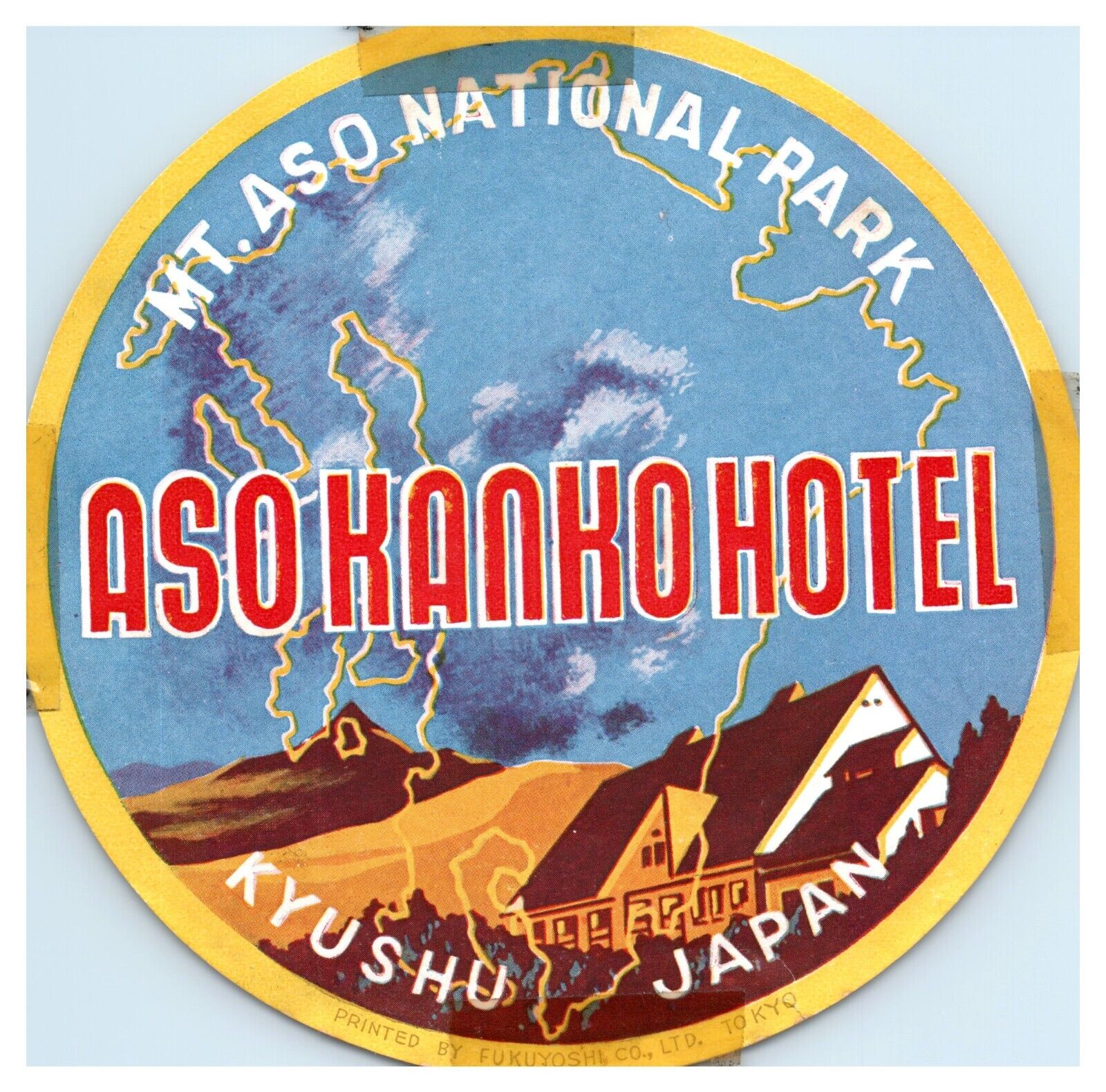 KYUSHU JAPAN ASO NATIONAL PARK KANKO HOTEL VINTAGE LUGGAGE LABEL ...